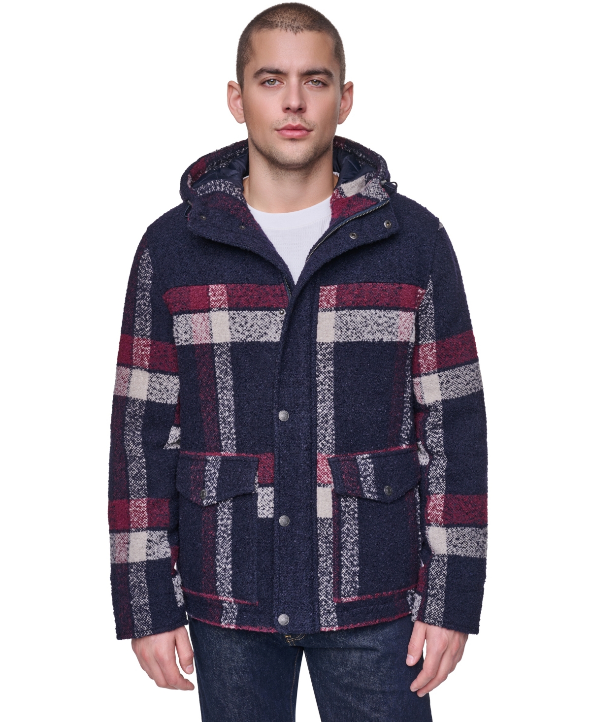 Click here for Levis Mens Wool Blend Plaid Hooded Jacket - Port/N... prices