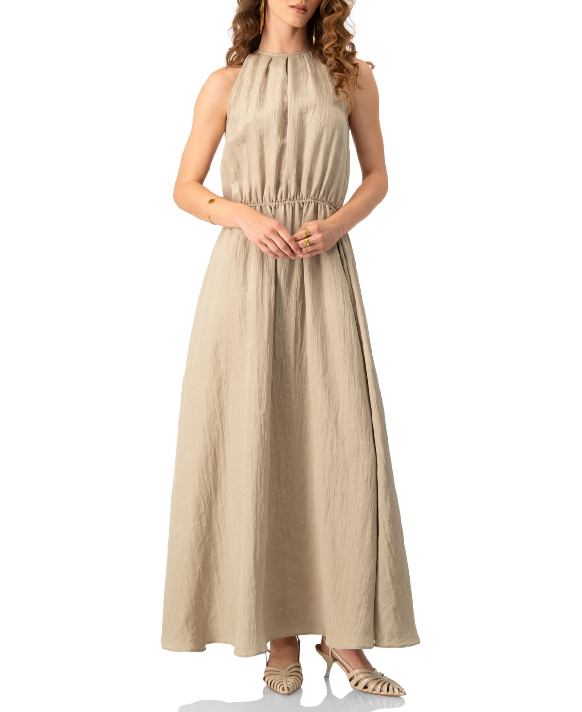 Click here for Ivonne Sleeveless Crinkle Halter Maxi Dress with C... prices