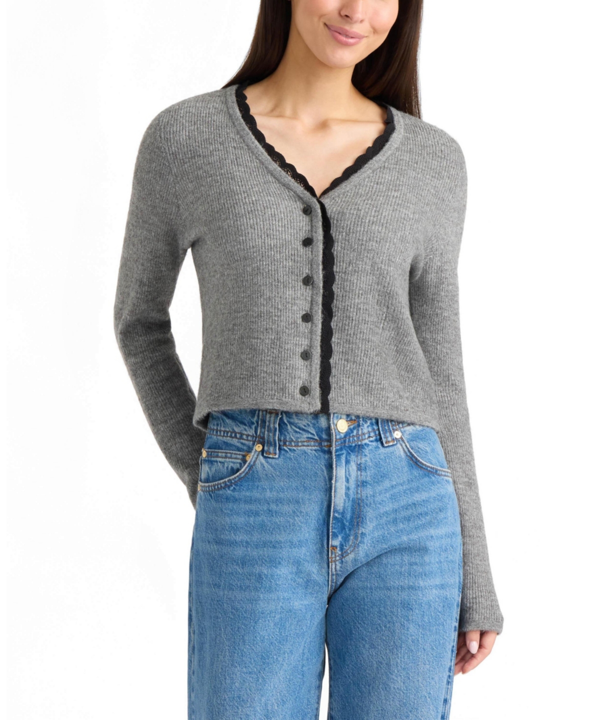 Click here for Ellen Tracy Womens Lace Trim Cardigan - Grey prices