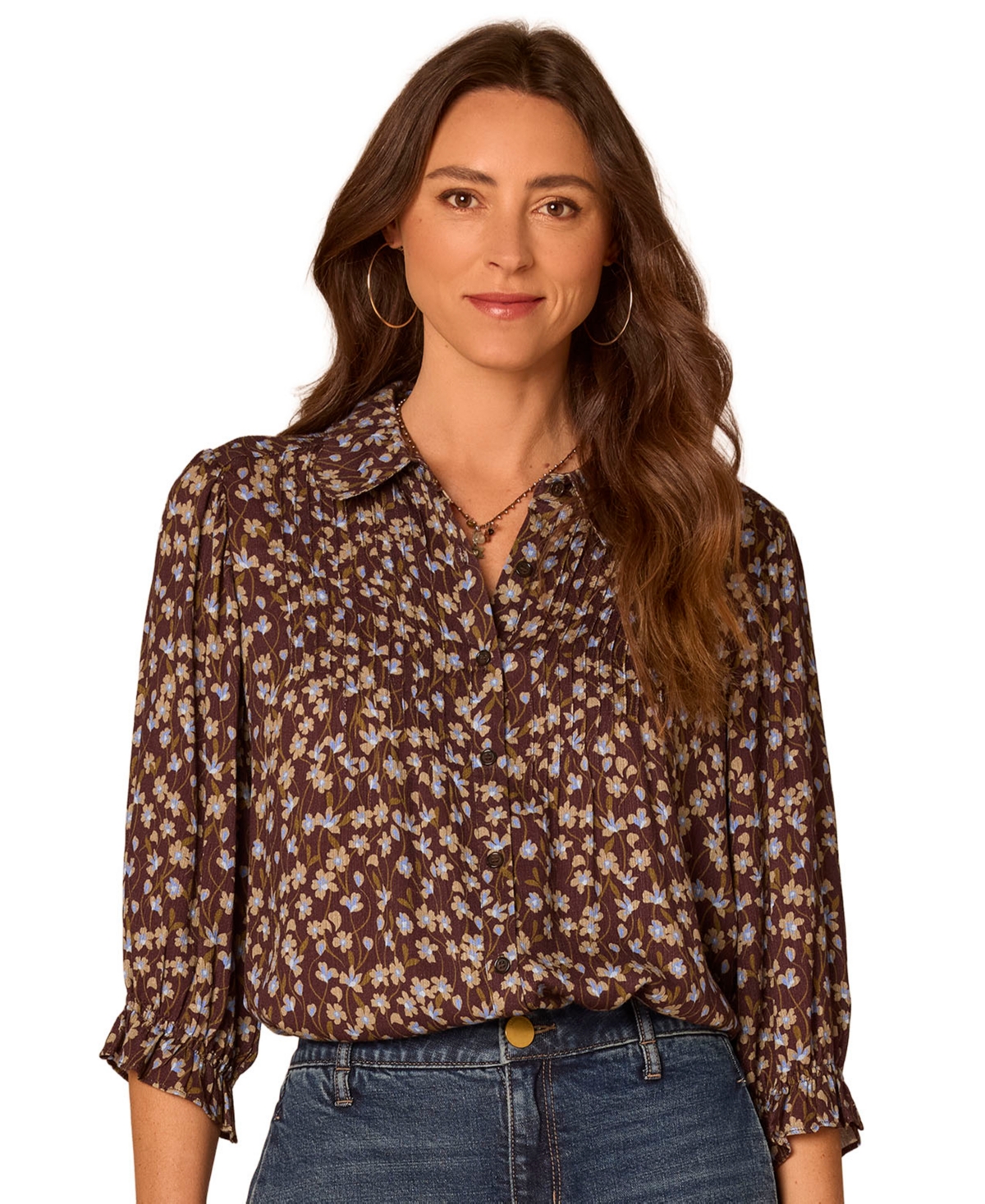 Click here for Democracy Petite 3/4-Sleeve Floral Blouse - Coffee... prices