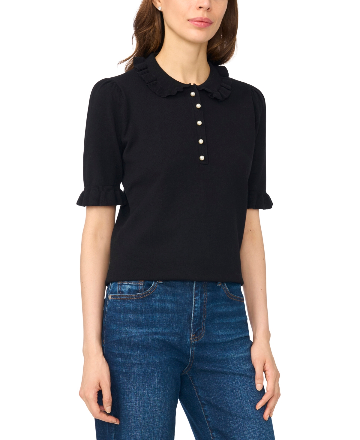 Click here for CeCe Womens Ruffle Collar 3/4-Sleeve Polo Sweater... prices