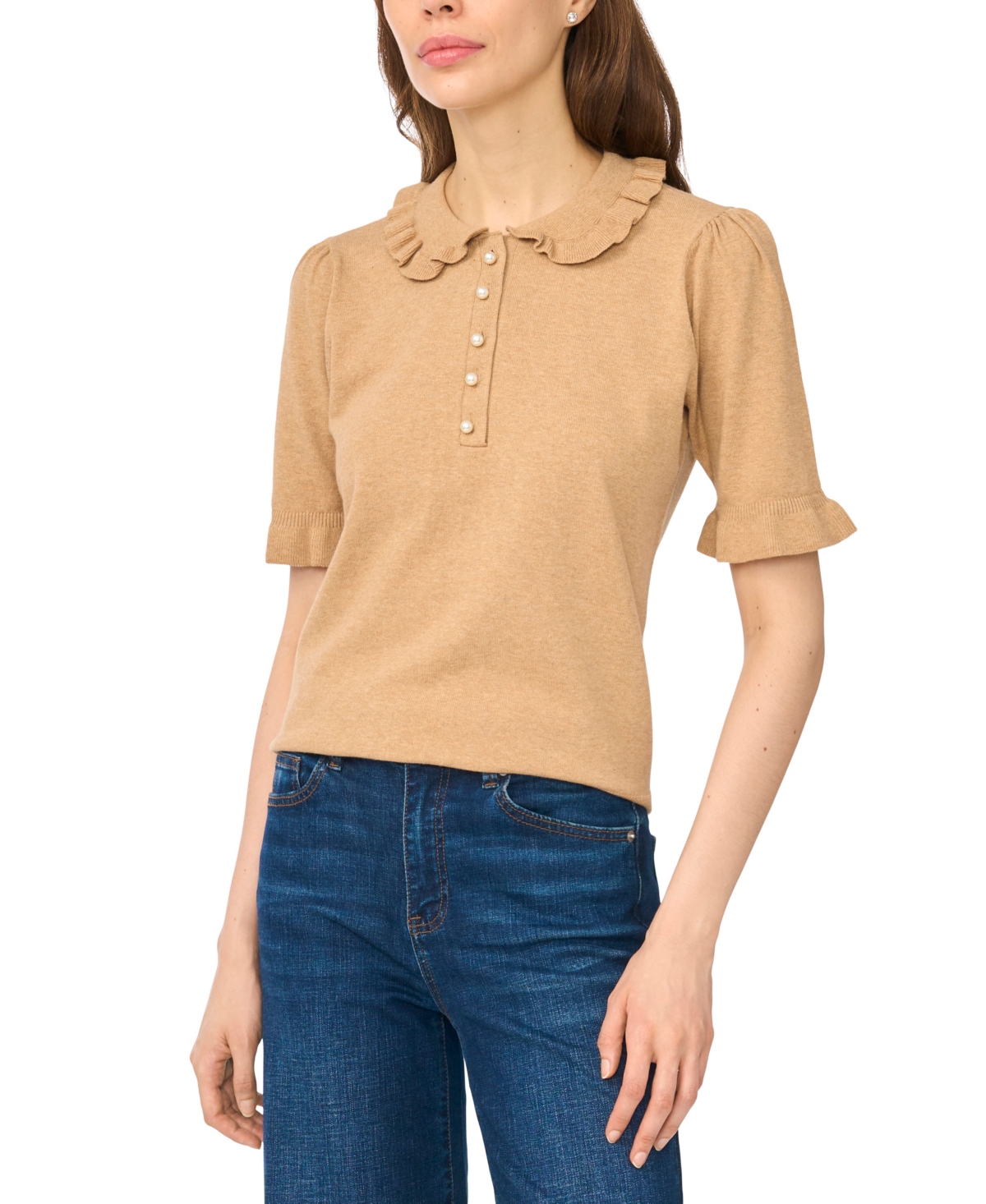 Click here for CeCe Womens Ruffle Collar 3/4-Sleeve Polo Sweater... prices