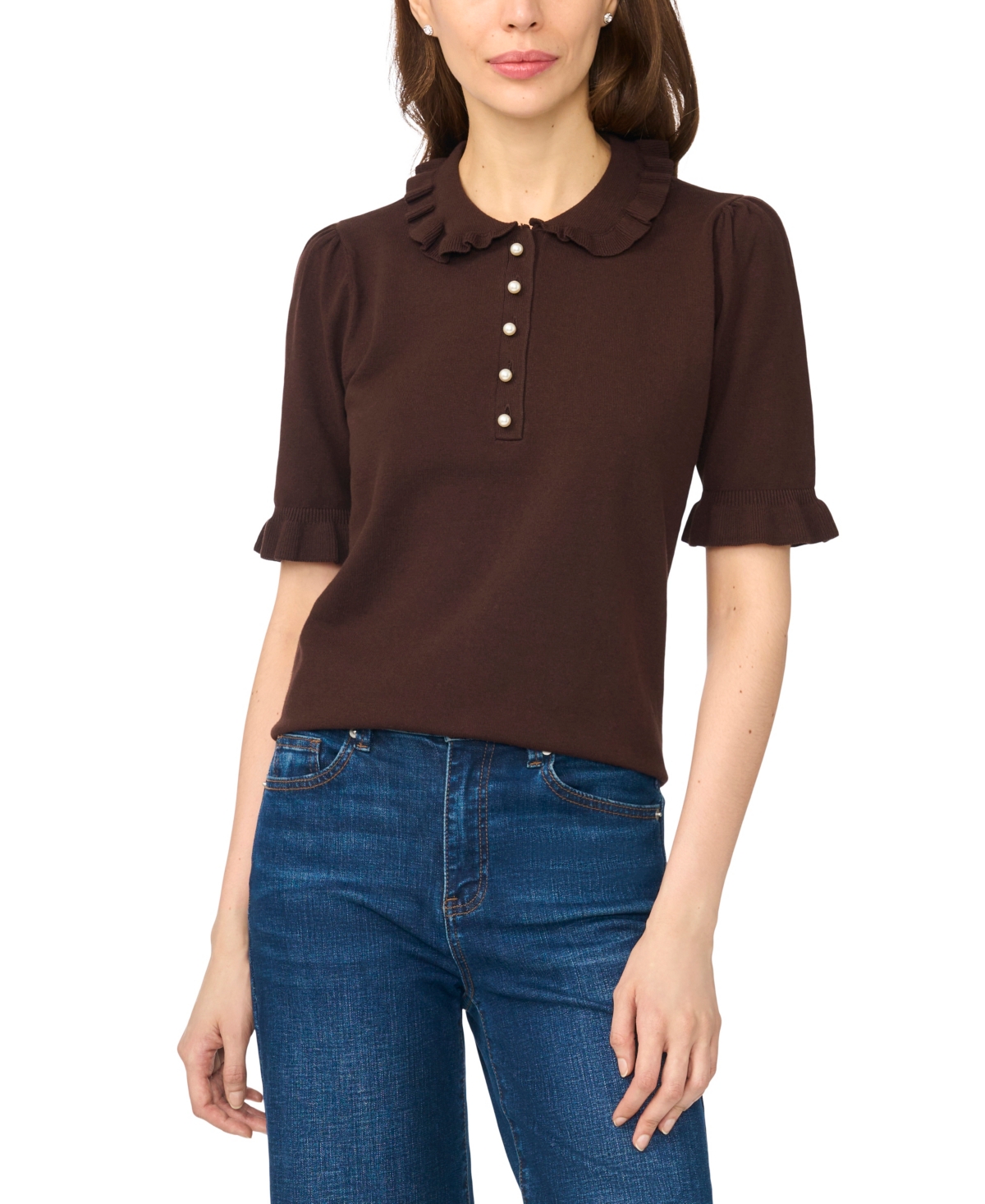 Click here for CeCe Womens Ruffle Collar 3/4-Sleeve Polo Sweater... prices