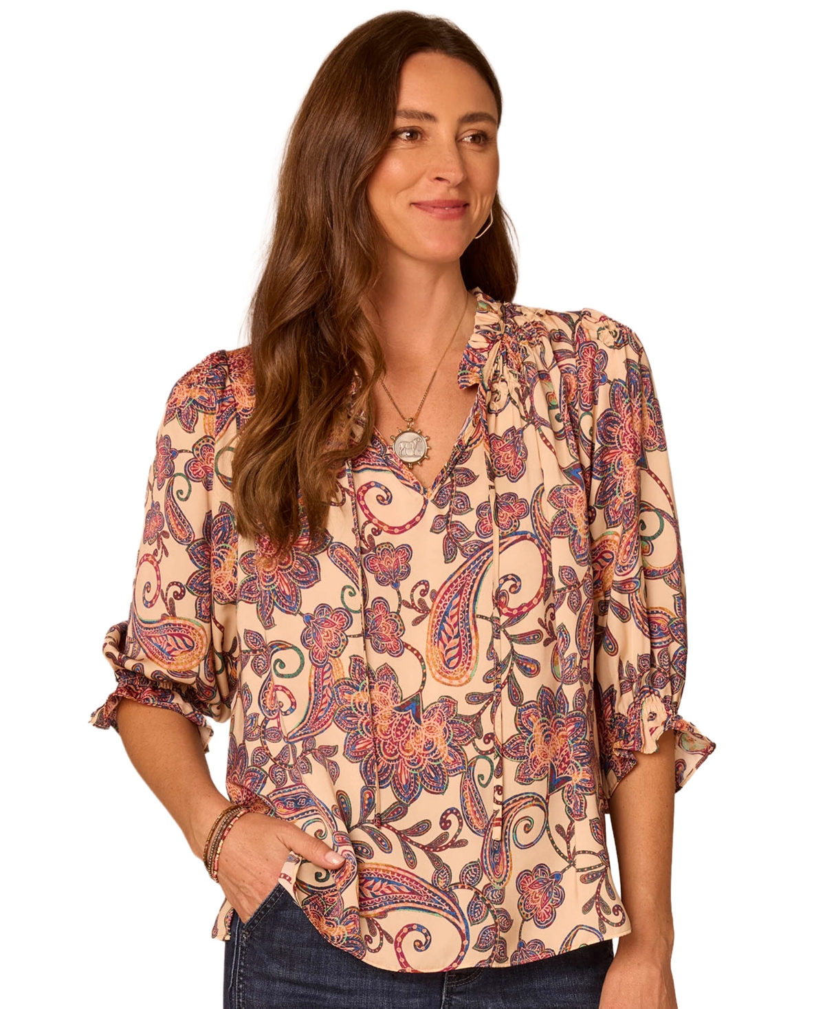 Click here for Democracy Petite Floral-Print Split Neck Peasant 3... prices