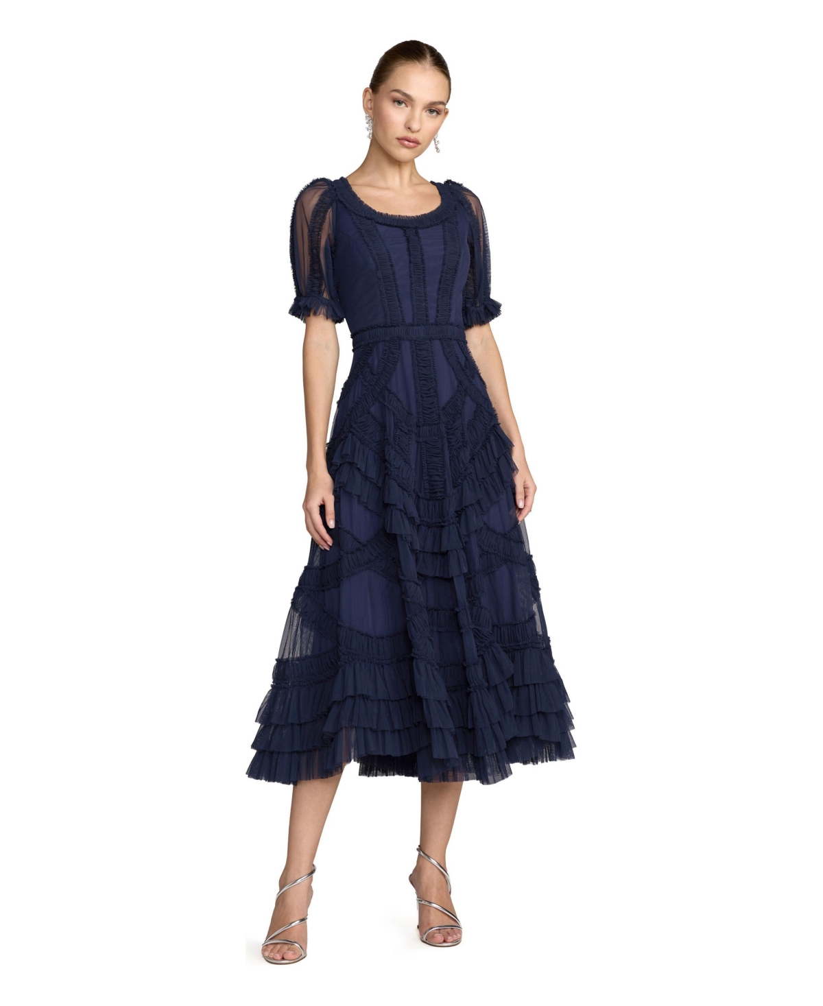 Click here for Mac Duggal Womens Short Sleeve Mesh Mirco Ruffle M... prices