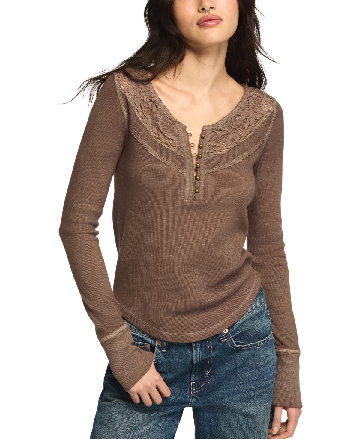 Click here for Lucky Brand Womens Lace Yoke Long-Sleeve Henley -... prices