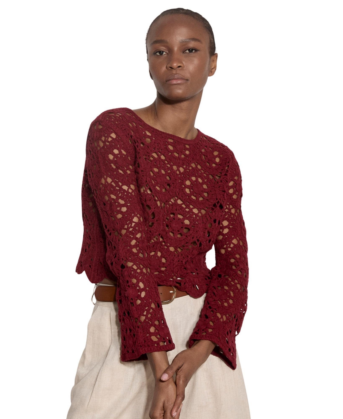 Click here for Apricot Womens Tape Yarn Crochet Top - Burgundy prices