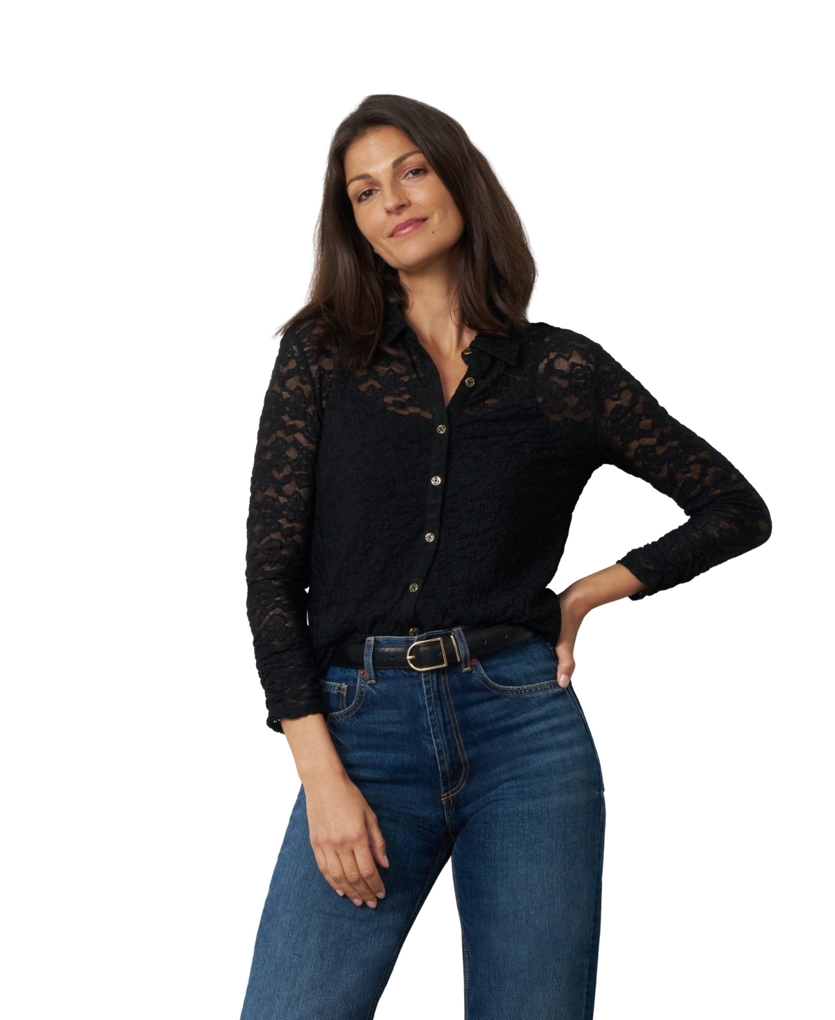 Click here for Cable & Gauge Womens Lace Knit Button-Front Top -... prices