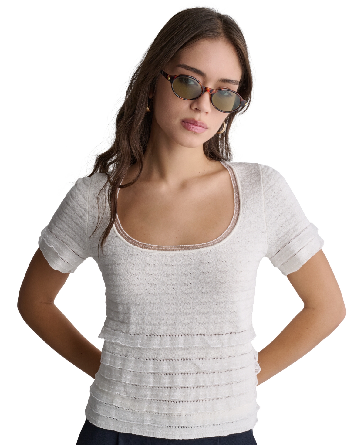 Click here for Bcbg Womens Pointelle Ruffle Short-Sleeve Sweater... prices