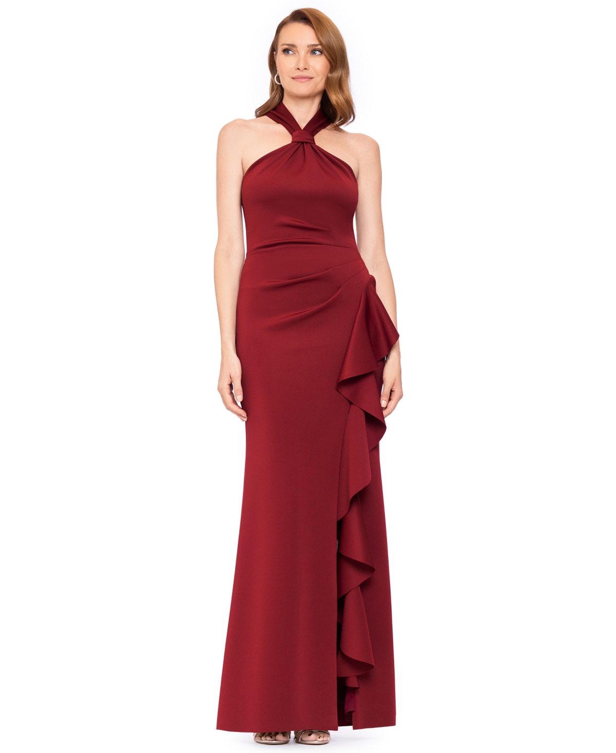 Click here for Betsy & Adam Petite Halter Ruffle-Trim Gown - Red prices