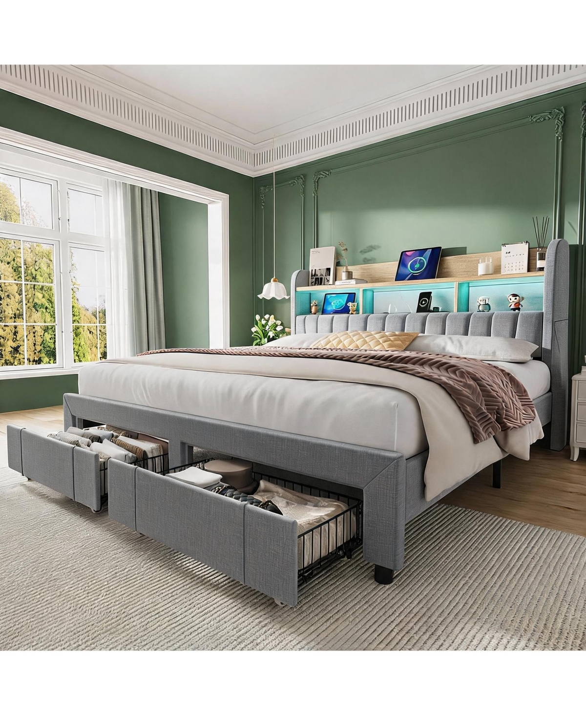 Click here for homfan Upholstered Bed with 2 Drawers and Led Ligh... prices