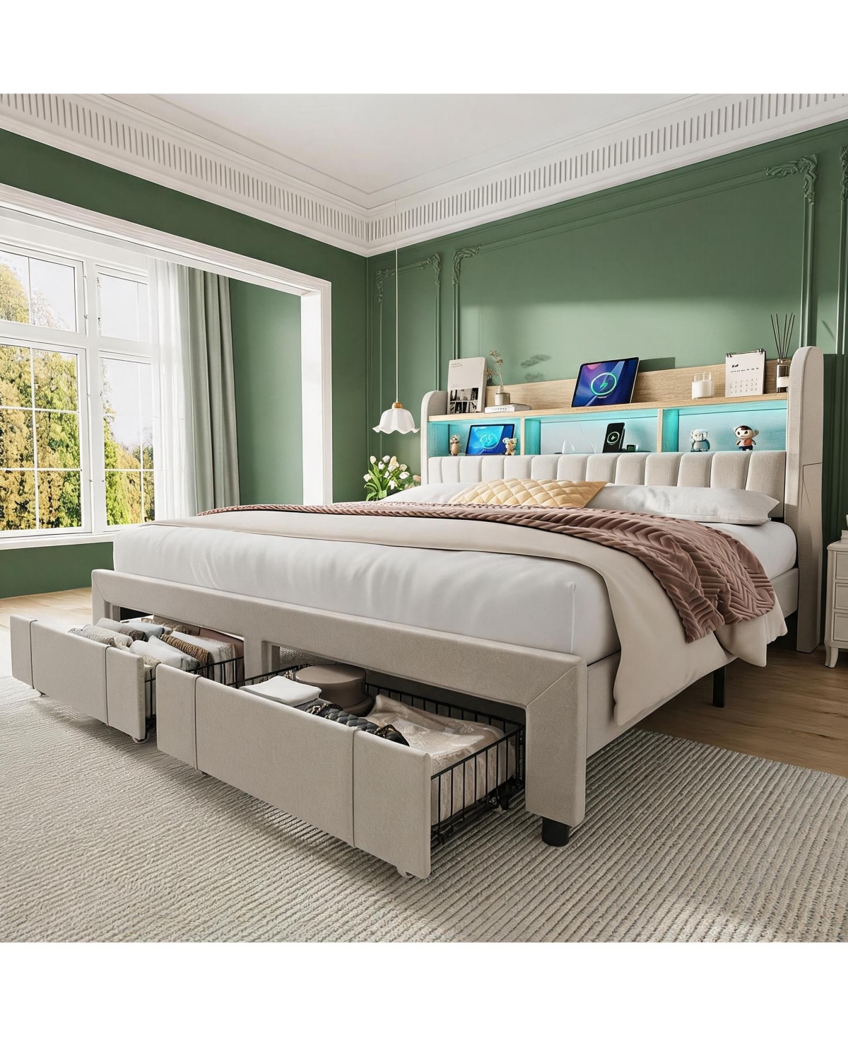 Click here for homfan Upholstered Bed with 2 Drawers and Led Ligh... prices