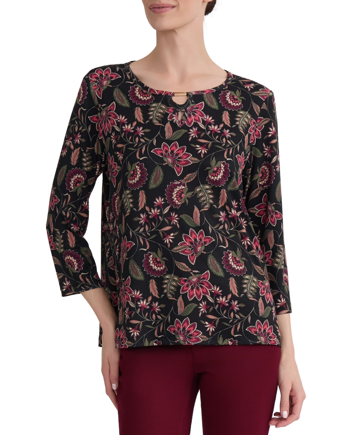 Click here for Jones New York Petite Keyhole 3/4-Sleeve Floral-Pr... prices
