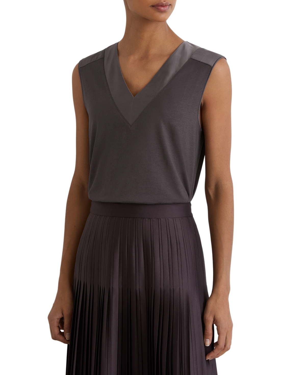Click here for Reiss Womens Silk-Trim Sleeveless Top - Grape Burg prices
