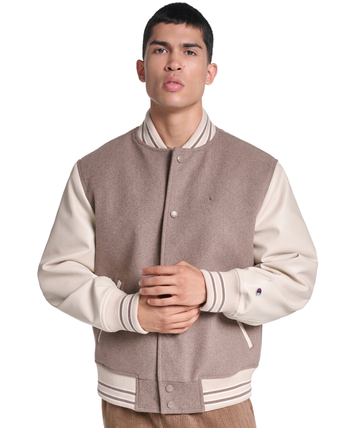 Click here for Champion Mens Wool Blend Varsity Jacket - Brown/Kh... prices