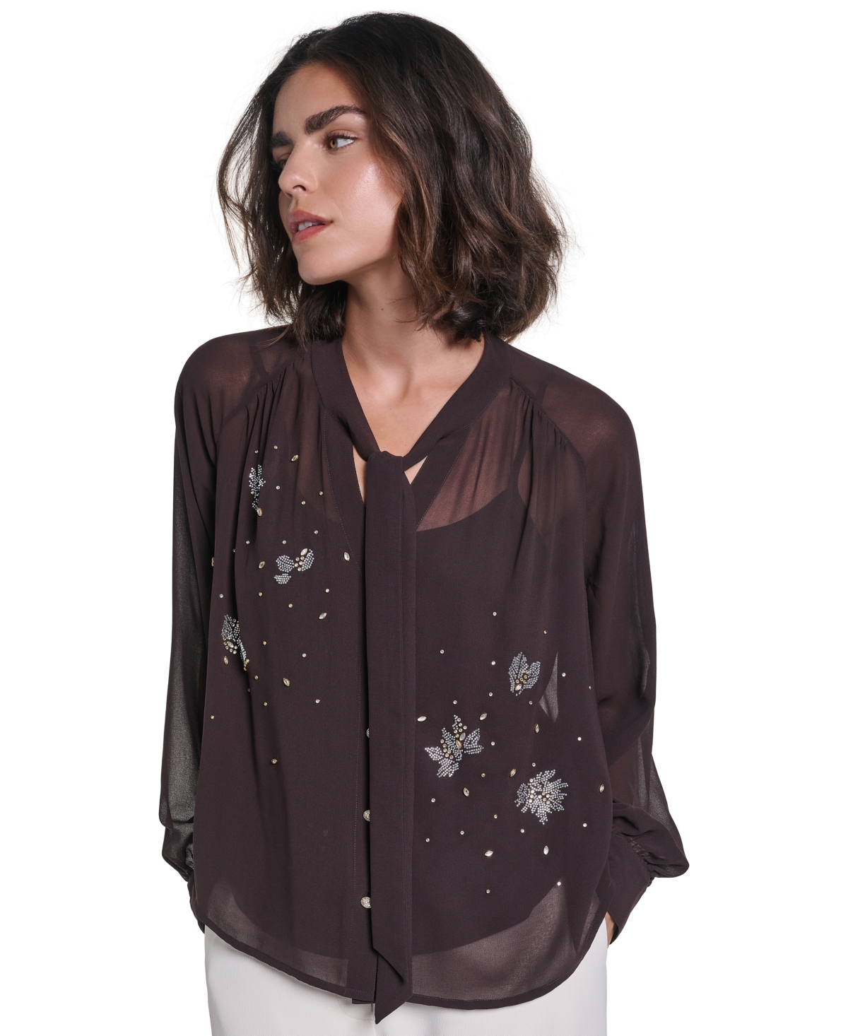 Click here for Karl Lagerfeld Paris Tie-Neck Long-Sleeve Embellis... prices