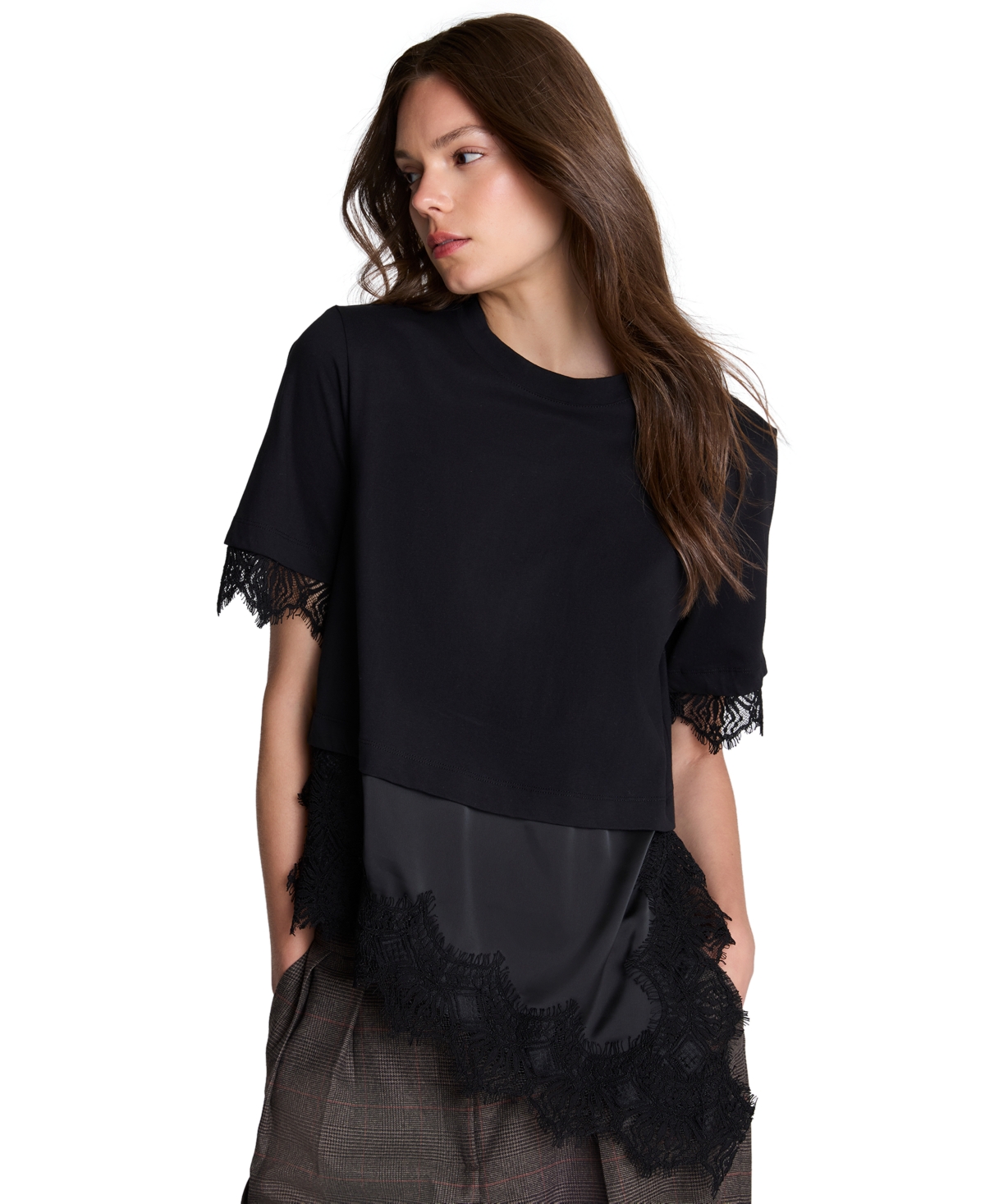 Click here for Kenneth Cole Womens Combo Lace Asymmetrical-Hem T-... prices