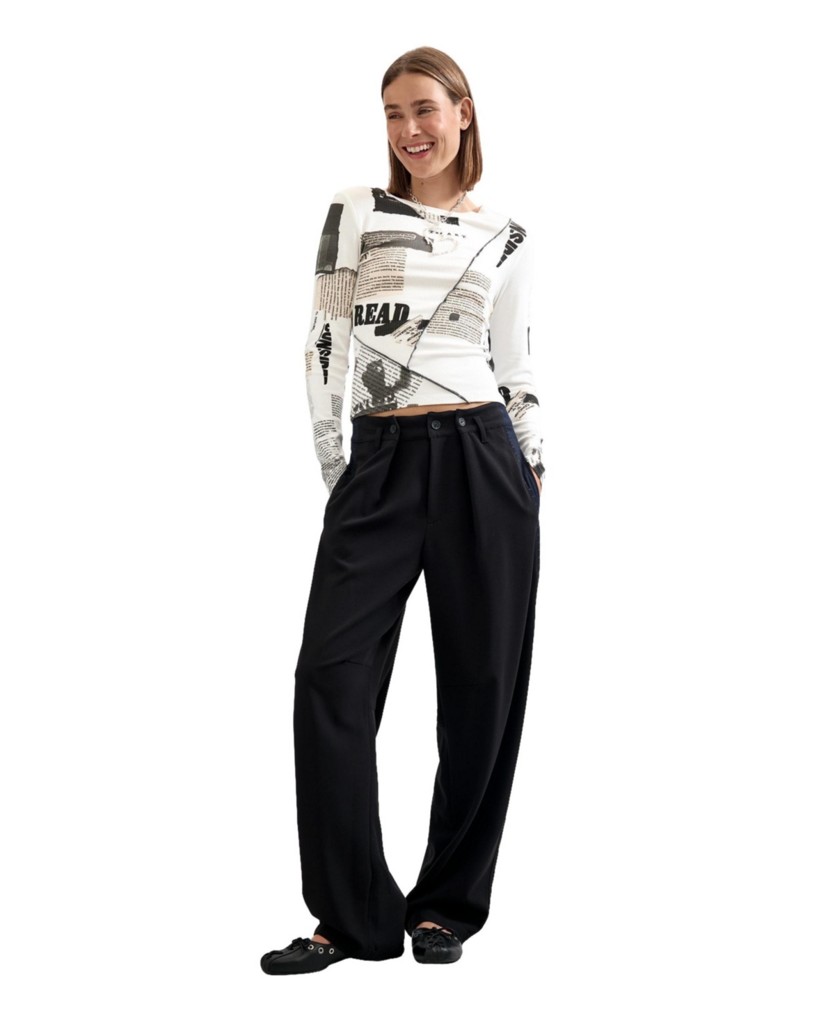 Click here for Desigual Womens Wide-Leg Straight Trousers - Black prices