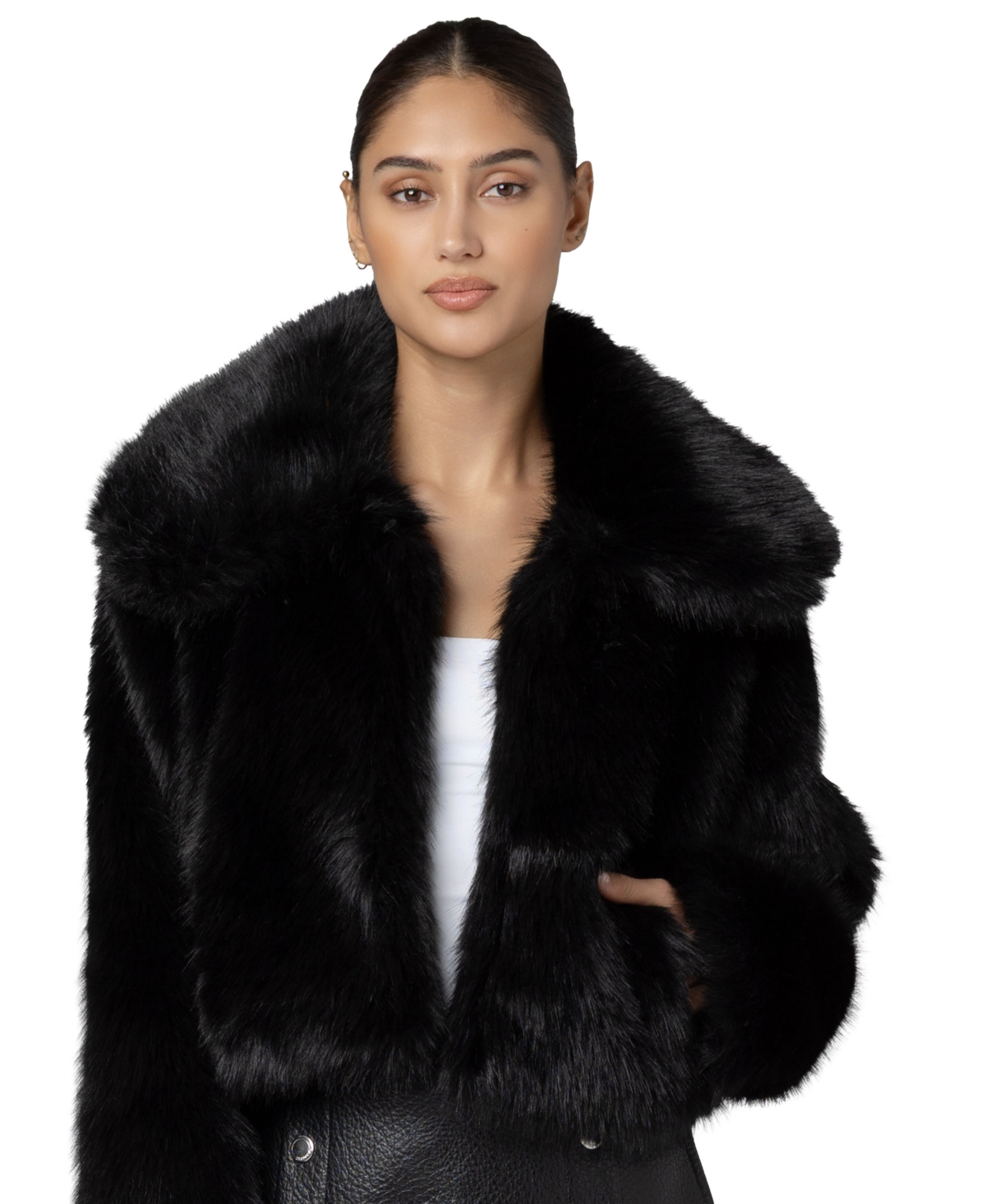 Click here for Blank Nyc Womens Make It Rain Faux-Fur Cropped Jac... prices