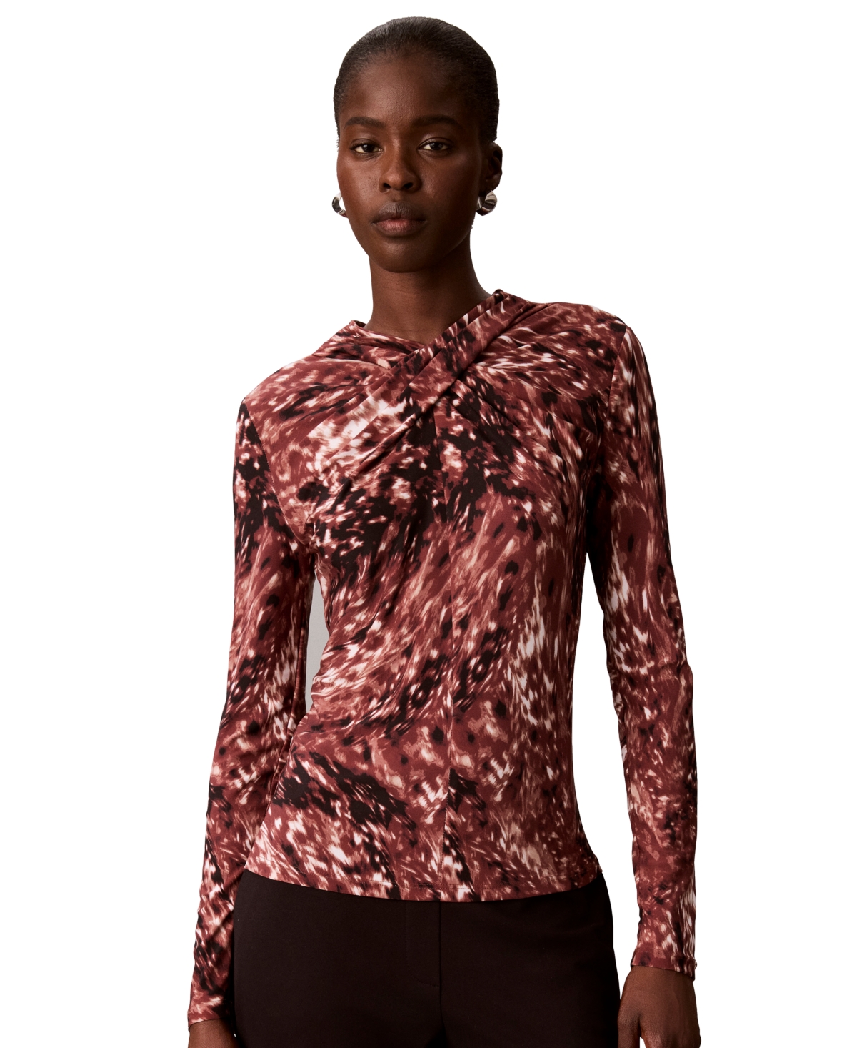 Click here for Calvin Klein Petite Printed Twist Neck Blouse - Ma... prices