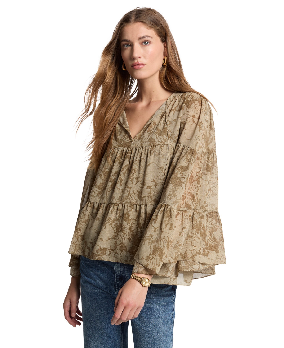 Click here for Michael Kors Womens Long-Sleeve Tie-Neck Floral Bl... prices