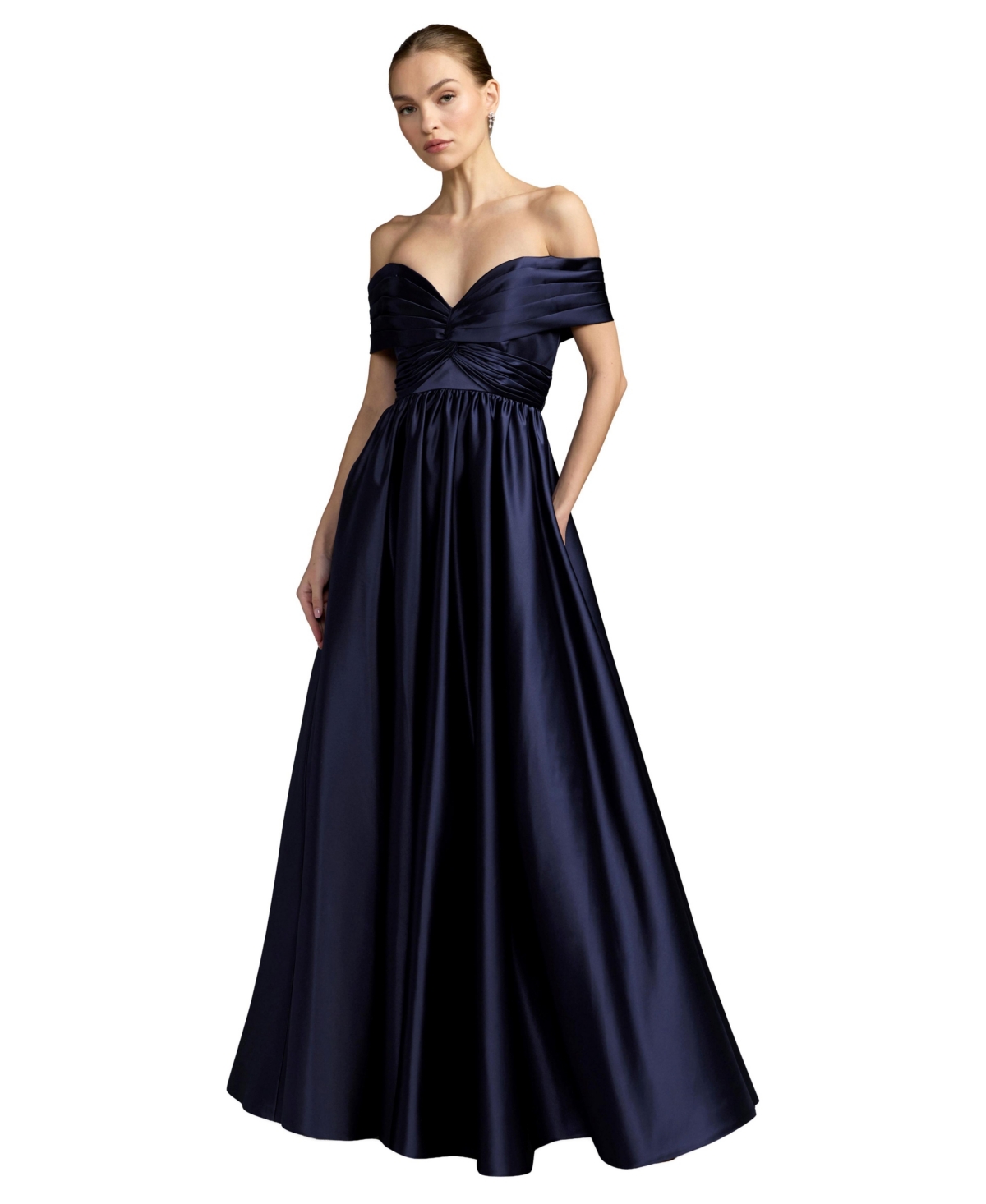 Click here for Mac Duggal Womens Navy Satin Off The Shoulder Twis... prices