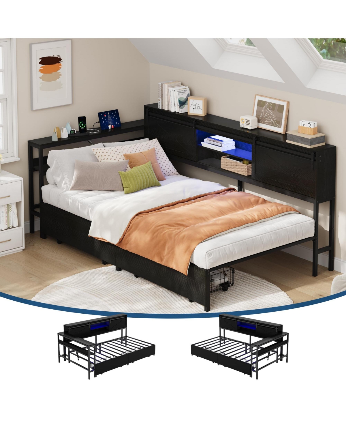 Click here for Twin Corner Bed Frame with Storage Bookcase  Metal... prices