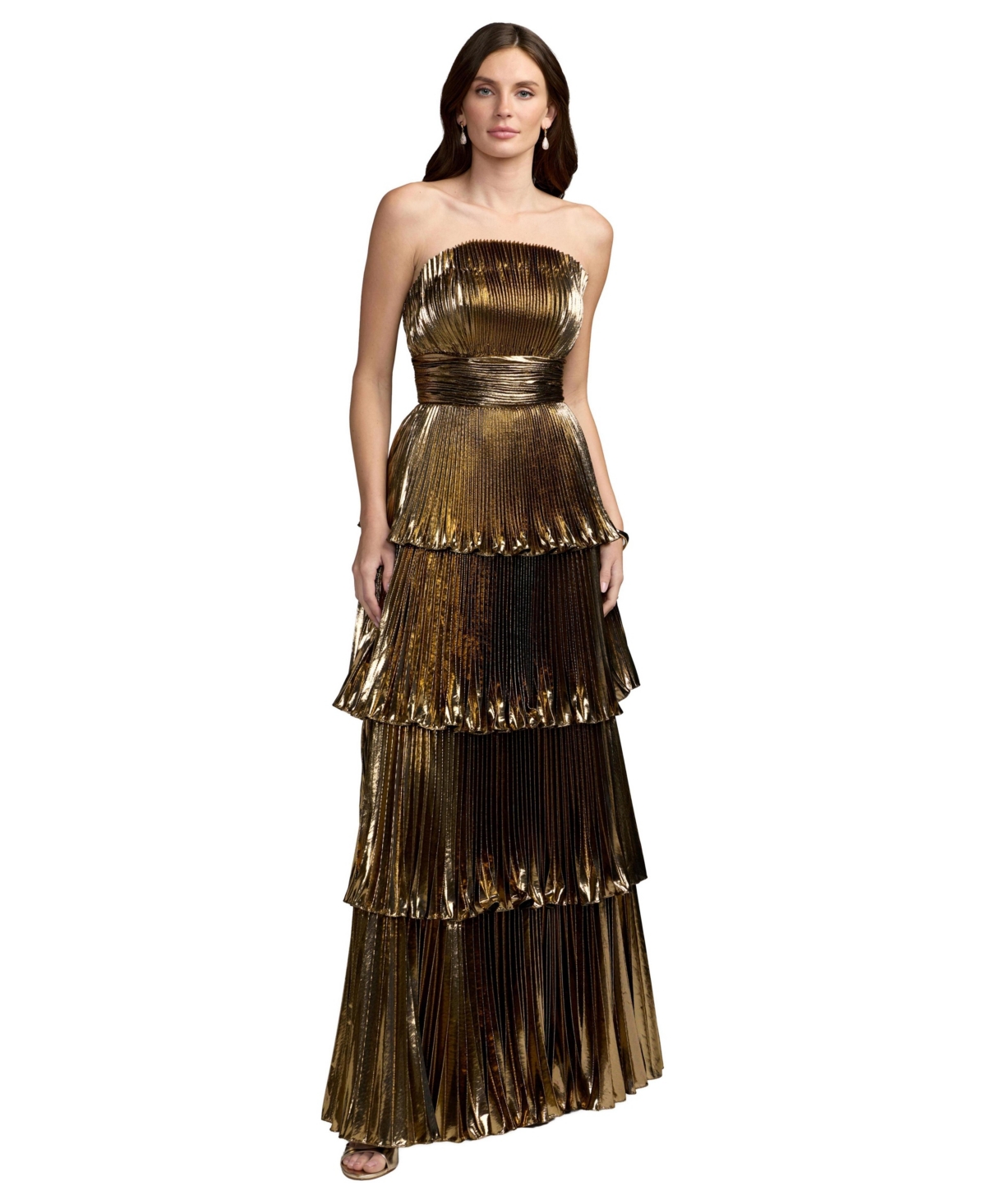 Click here for Mac Duggal Petite Metallic Pleated Tiered Straples... prices