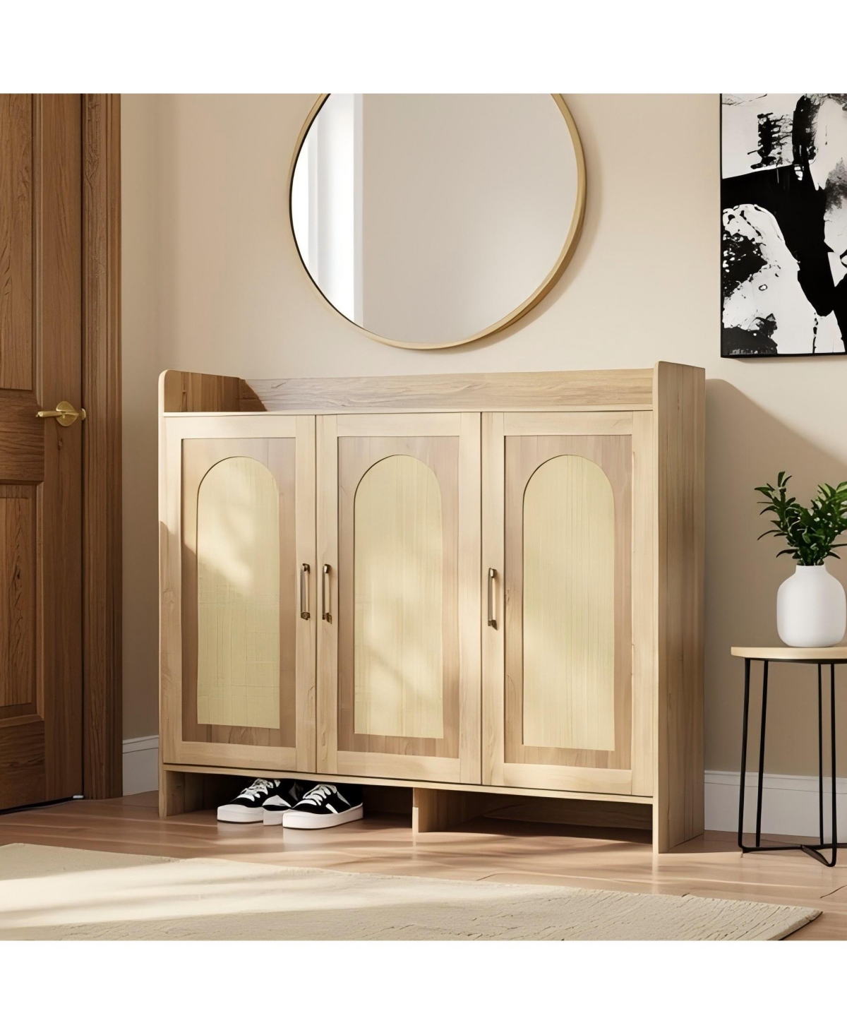 Click here for 52.4x17.9x8.3in 3 Door Shoe Cabinet with Rattan Ar... prices