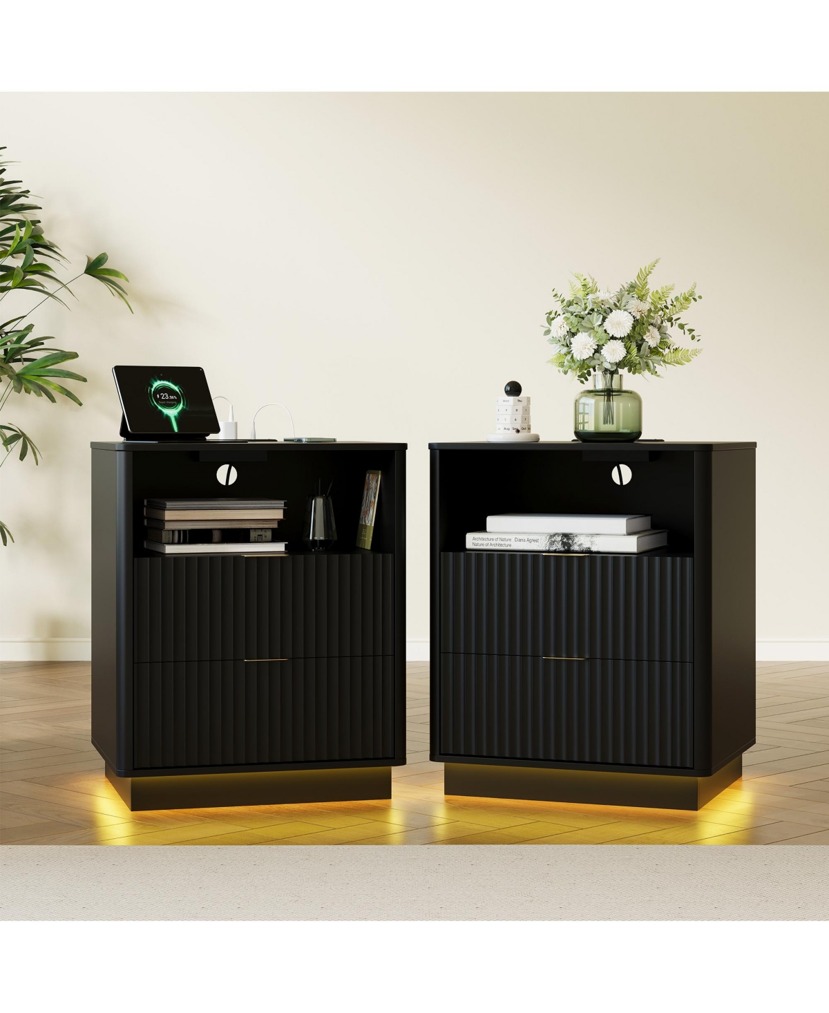 Click here for Set of 2 Black Mid-Century Fluted Nightstands with... prices