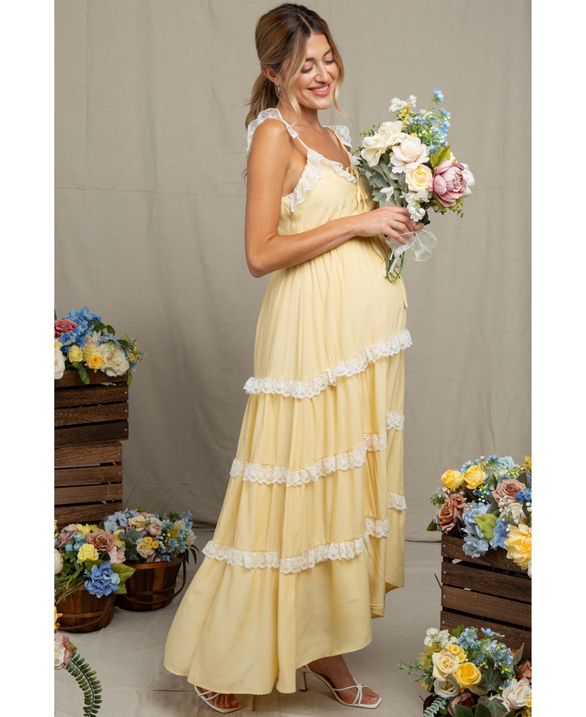 Click here for Pinkblush Womens Yellow Lace Trim Tiered Maxi Dres... prices