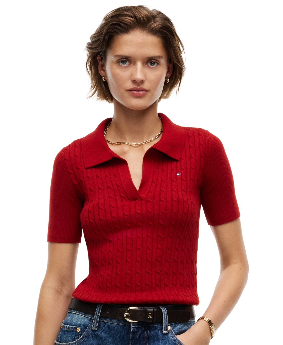 Click here for Tommy Hilfiger Womens Cable-Knit Slim Fit Polo Swe... prices