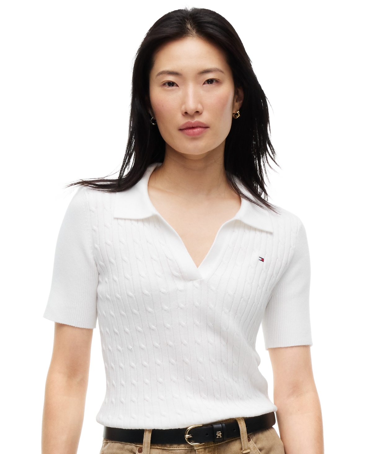Click here for Tommy Hilfiger Womens Cable-Knit Slim Fit Polo Swe... prices