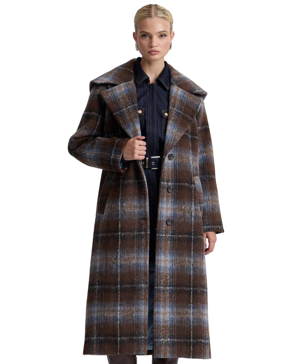 Click here for Avec Les Filles Womens Plaid Notch-Collar Maxi Coa... prices
