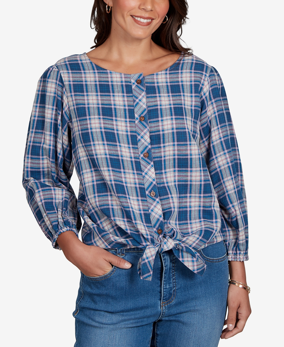 Click here for Ruby Rd. Petite Homestead Plaid 3/4-Sleeve Button-... prices