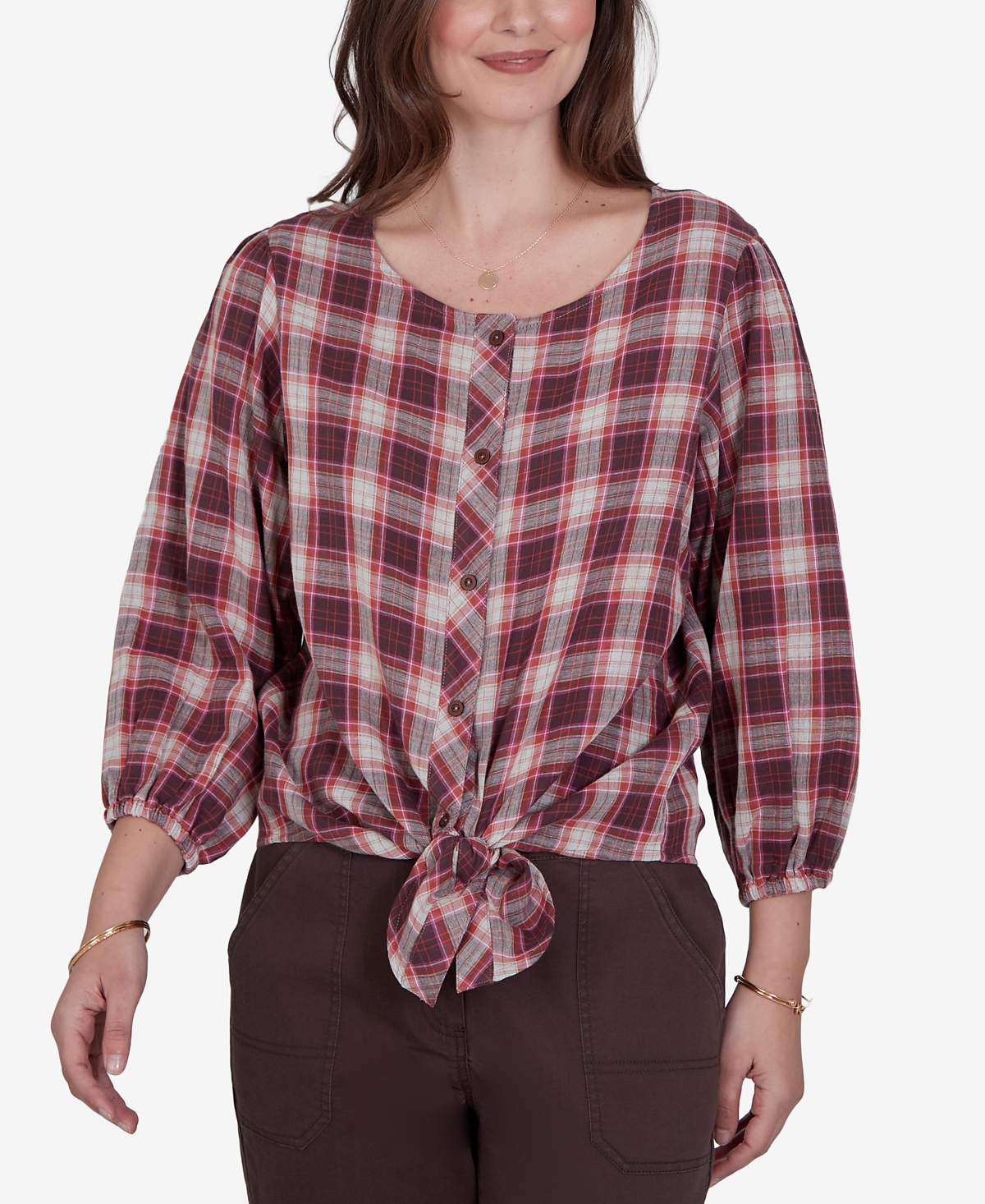 Click here for Ruby Rd. Petite Homestead Plaid 3/4-Sleeve Button-... prices