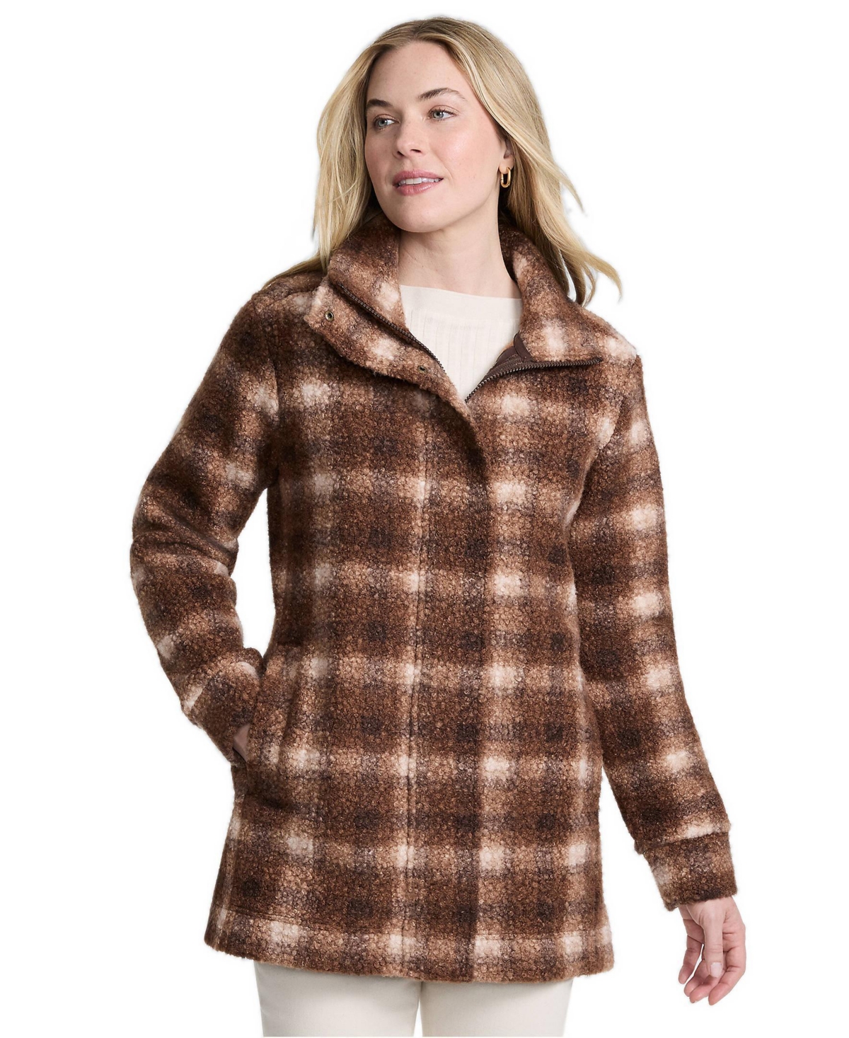 Click here for Lands End Womens Print Boucle Fleece Coat - Rich c... prices