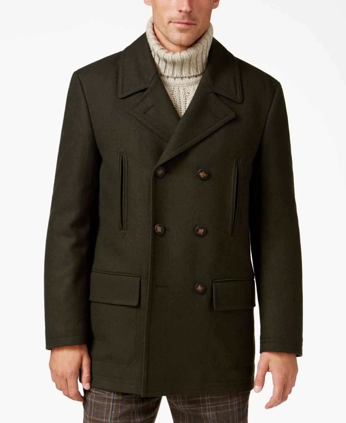 Michael Kors Mens Classic Fit Double-Breasted Wool Blend Peacoats - Olive
