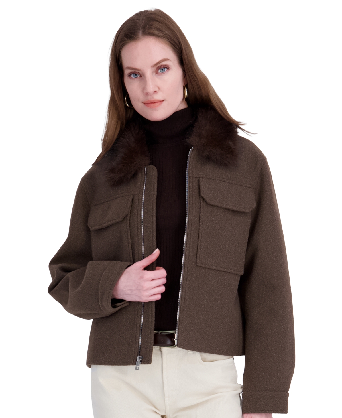Click here for Tahari Womens Detachable Faux-Fur Collar Cropped C... prices