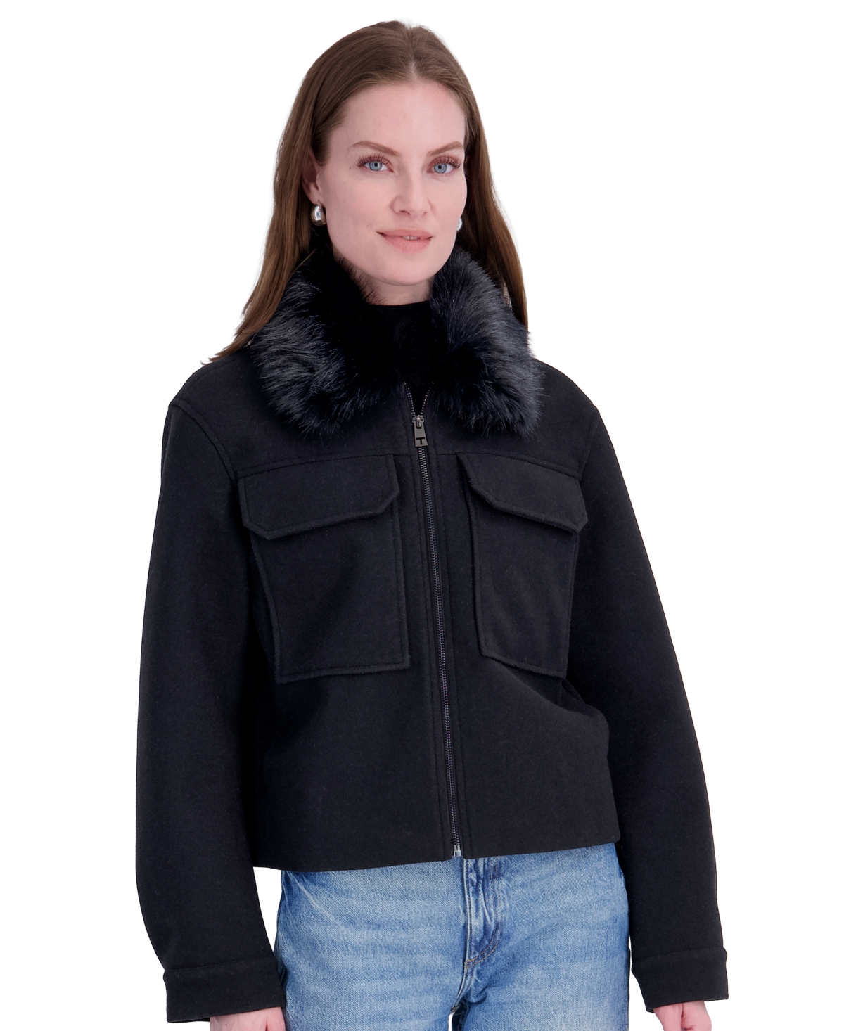 Click here for Tahari Womens Detachable Faux-Fur Collar Cropped C... prices