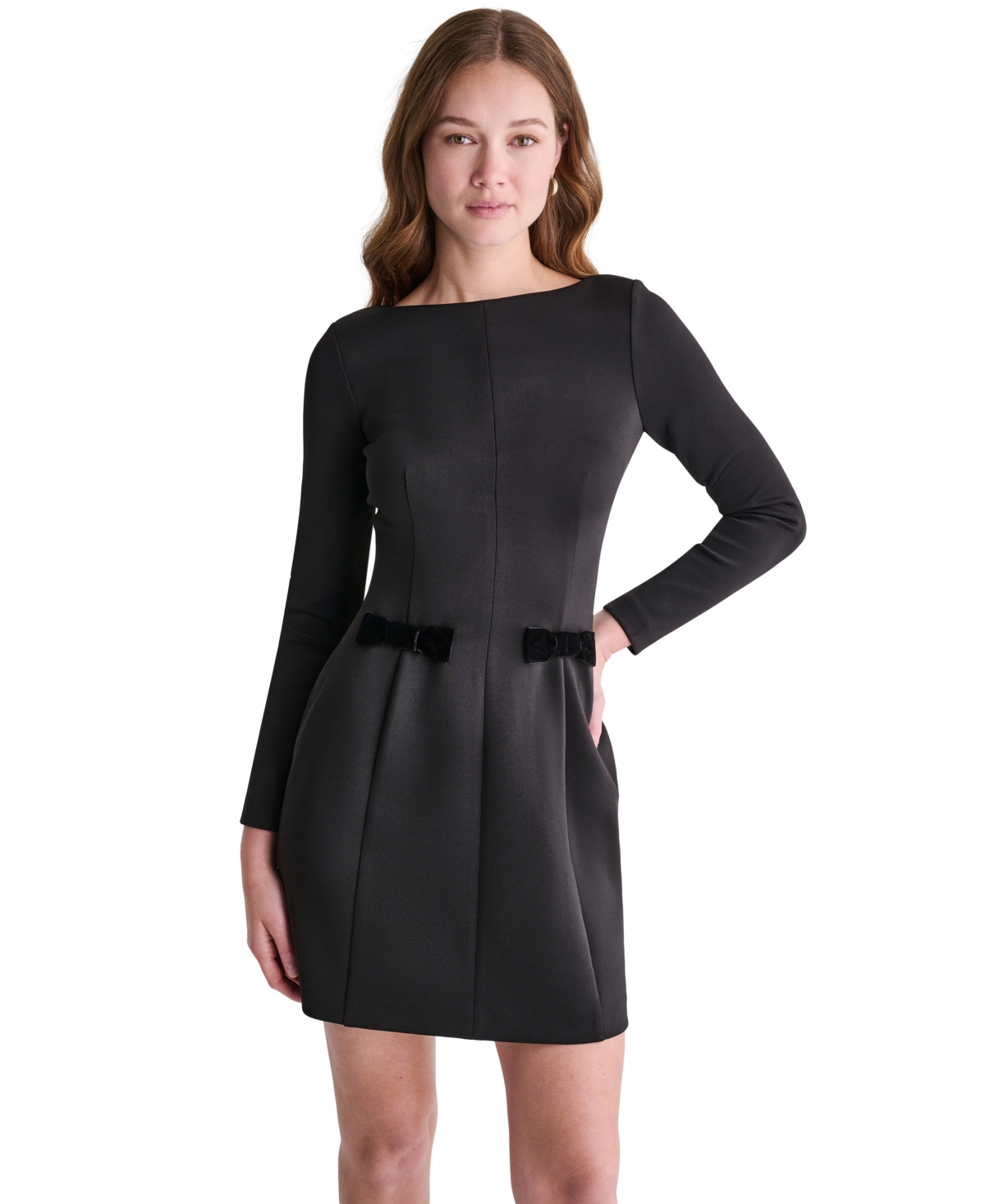 Click here for Bcbg Womens Scuba Long-Sleeve Boat Neck Velvet-Bow... prices