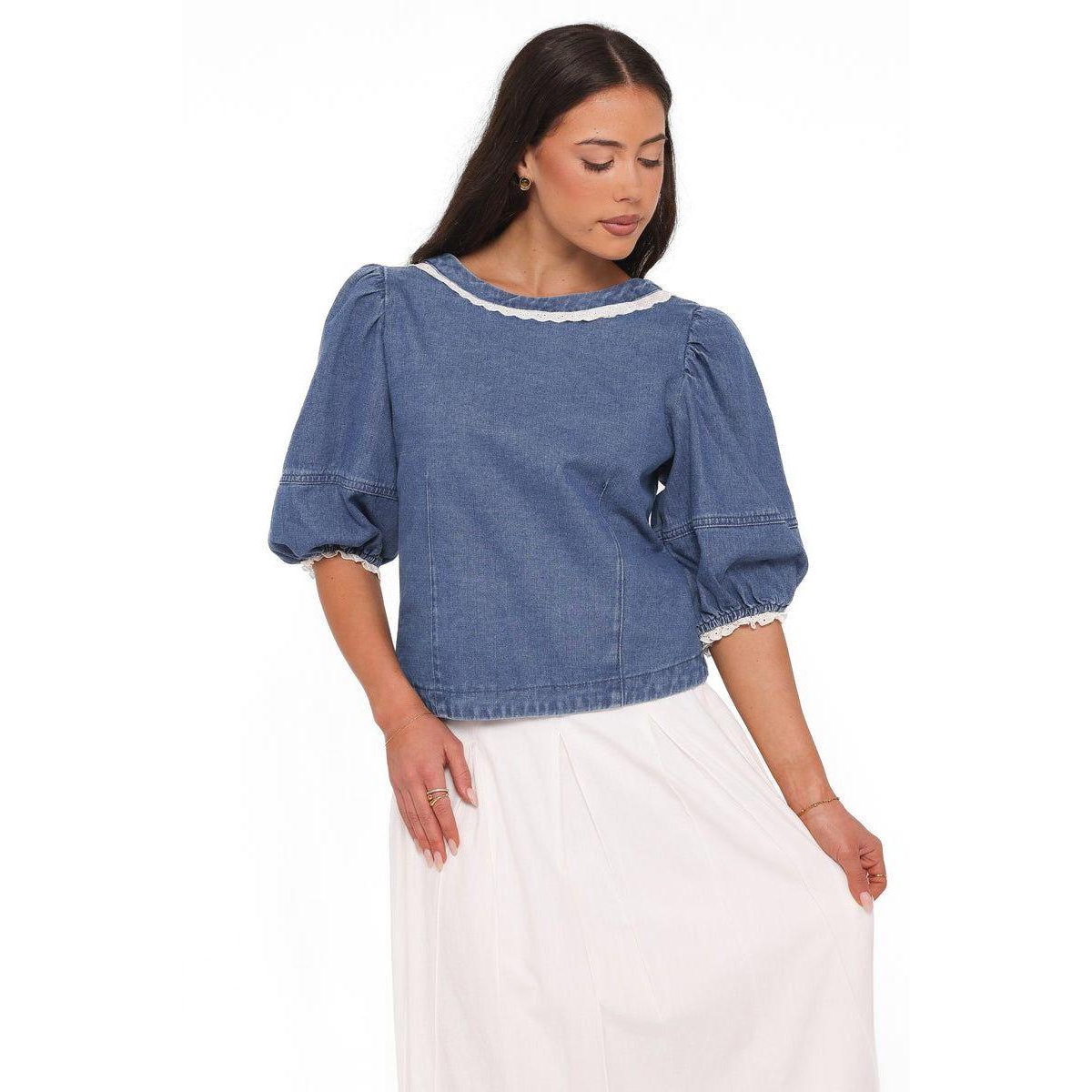 Click here for Petal and Pup Womens Merli Denim Open-Back Puff-Sl... prices