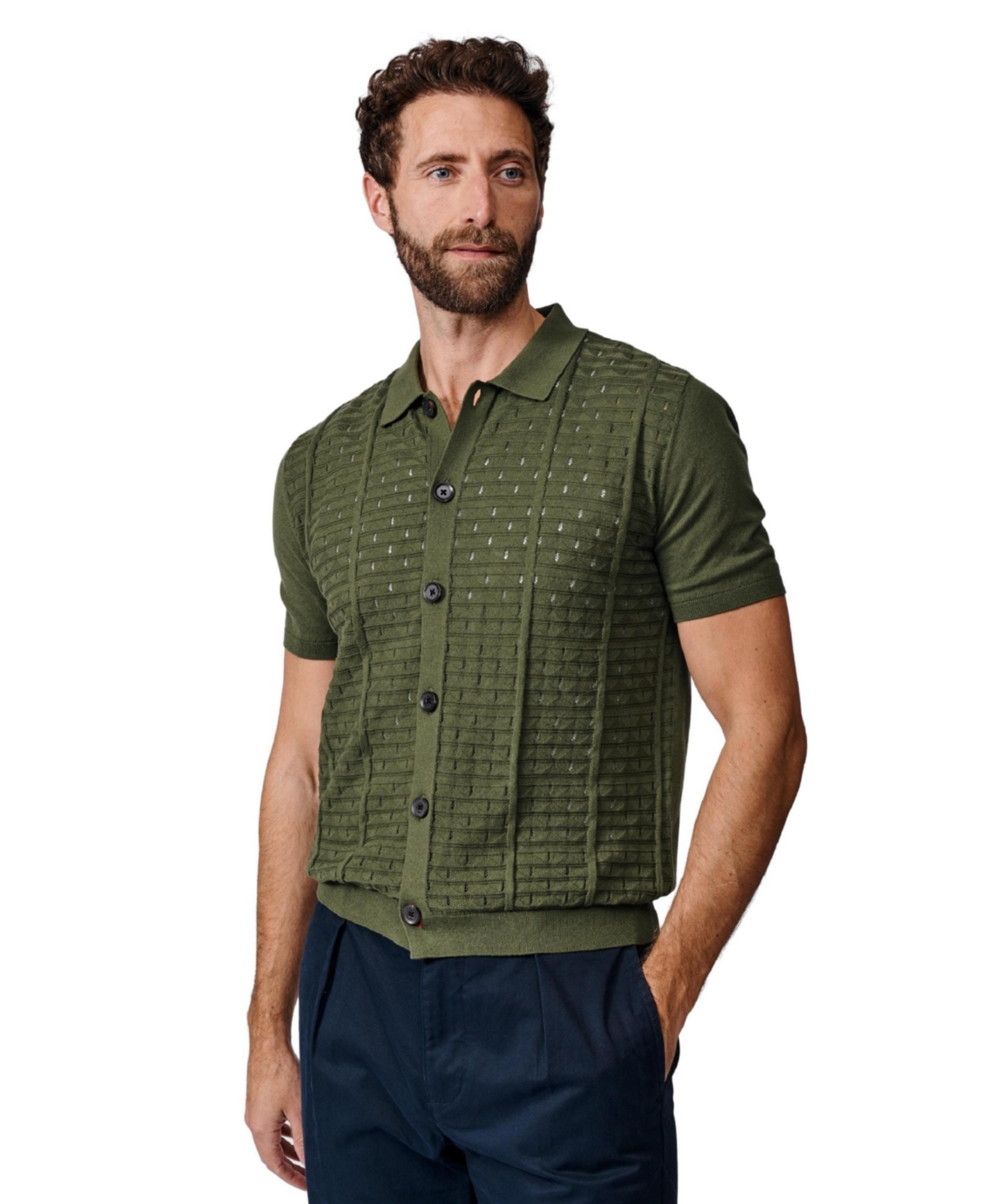 Click here for Aubin Mens Manor Textured Button Through Polo - Kh... prices