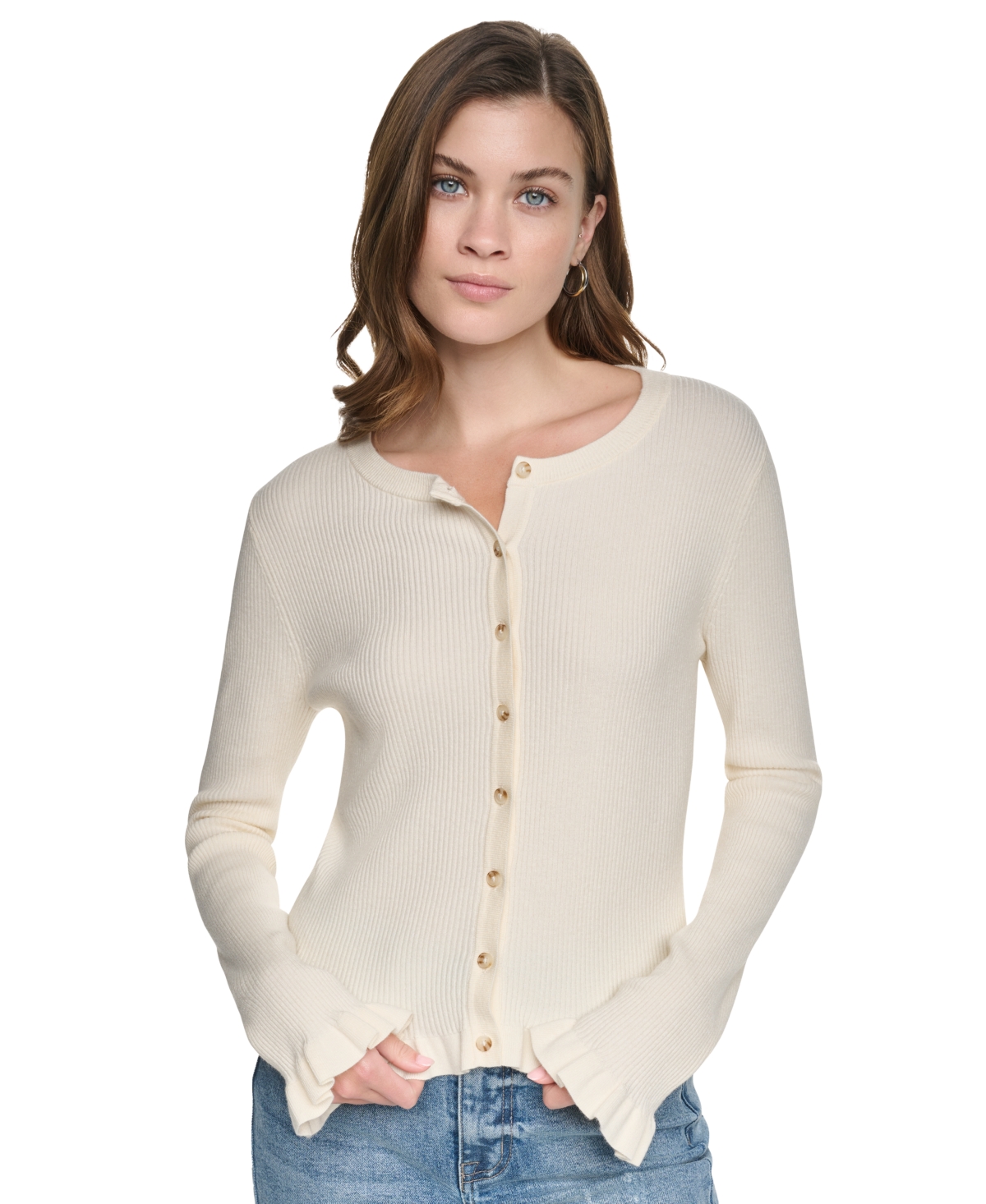 Click here for Dkny Jeans Petite Ribbed Knit Ruffle Trim Cardigan... prices