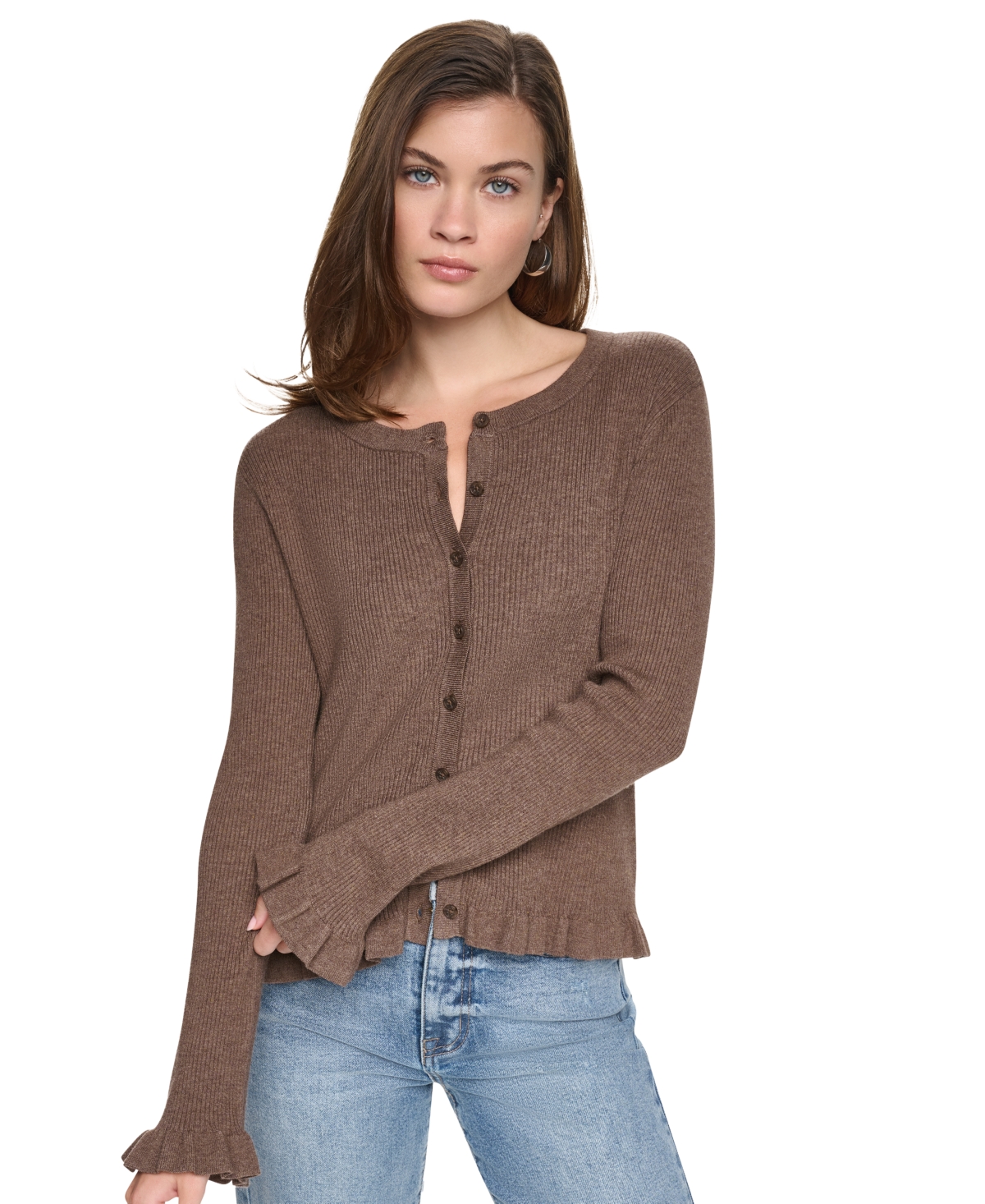Click here for Dkny Jeans Petite Ribbed Knit Ruffle Trim Cardigan... prices