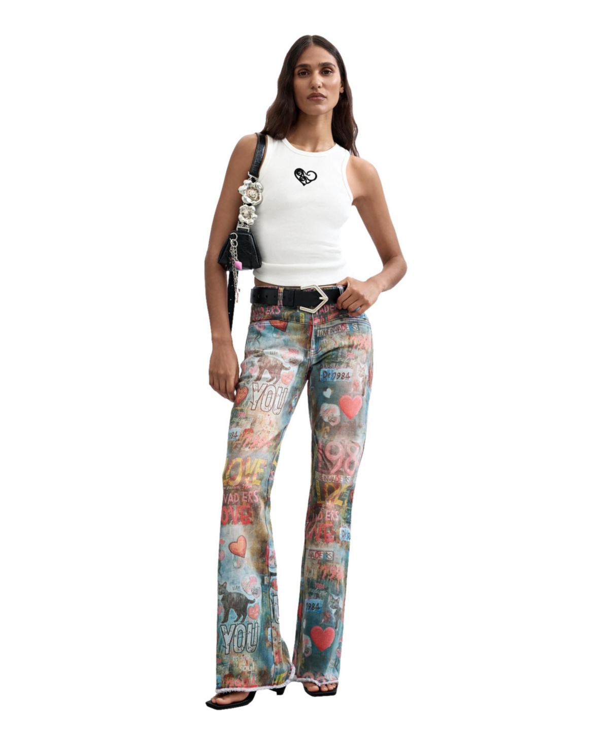 Click here for Desigual Womens Printed Flare Jeans - Medium blue prices