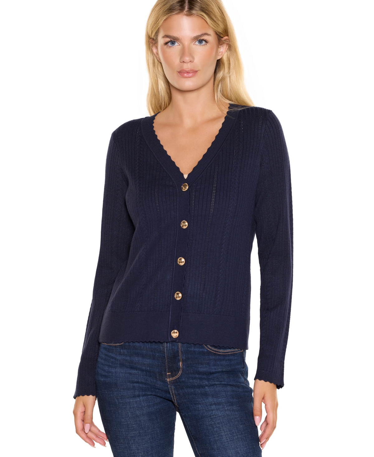 Click here for Belldini Womens Ribbed Cable V-Neck Button-Front C... prices
