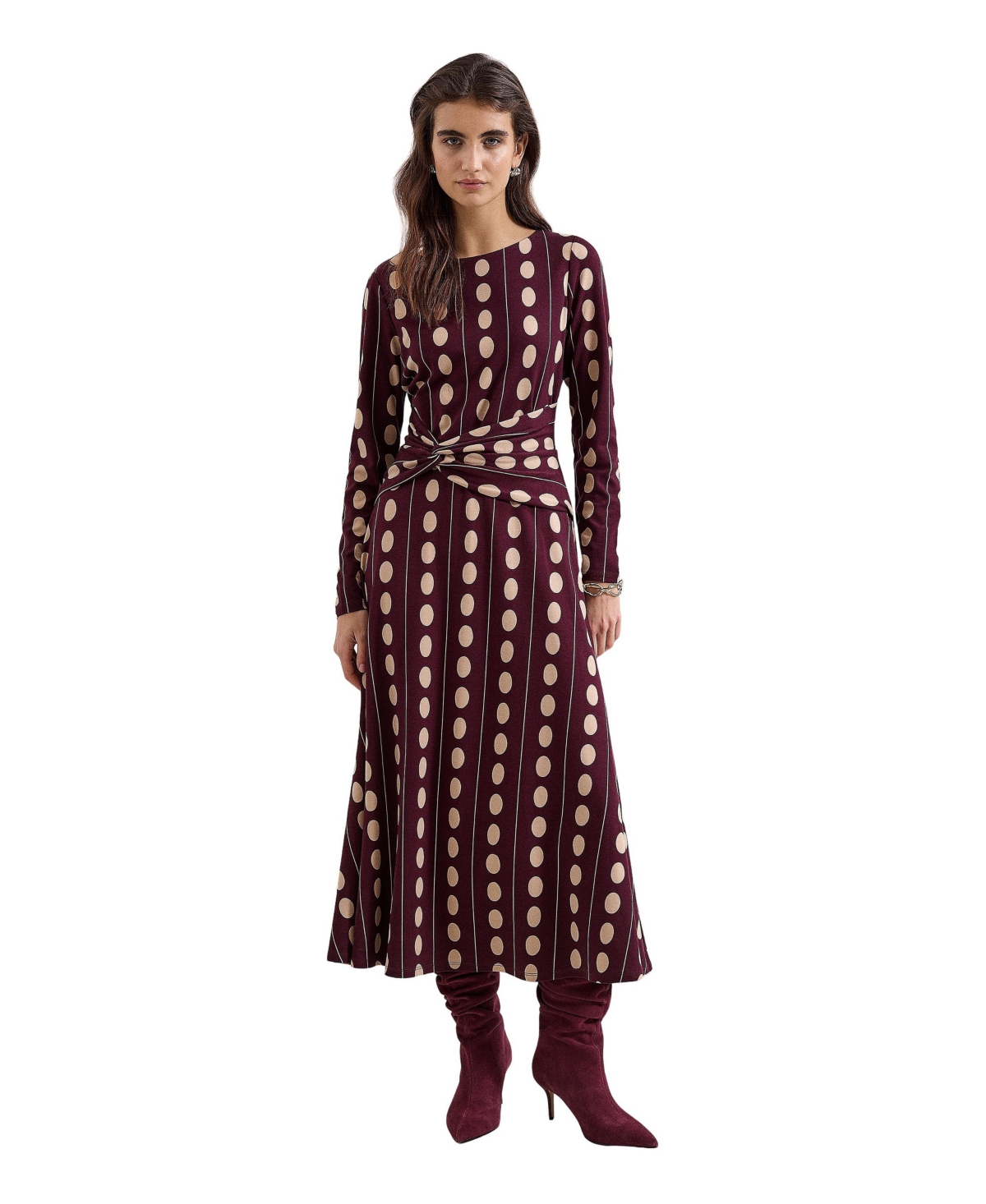Click here for Phase Eight Womens Eugenie Spot Knot-Waist Midi Dr... prices