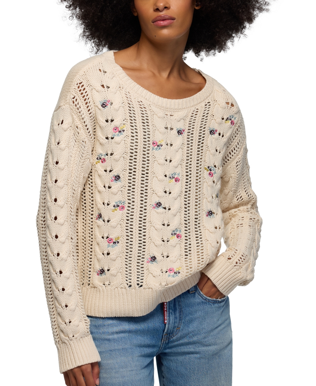 Click here for Lucky Brand Womens Floral-Embroidered Cable-Knit C... prices