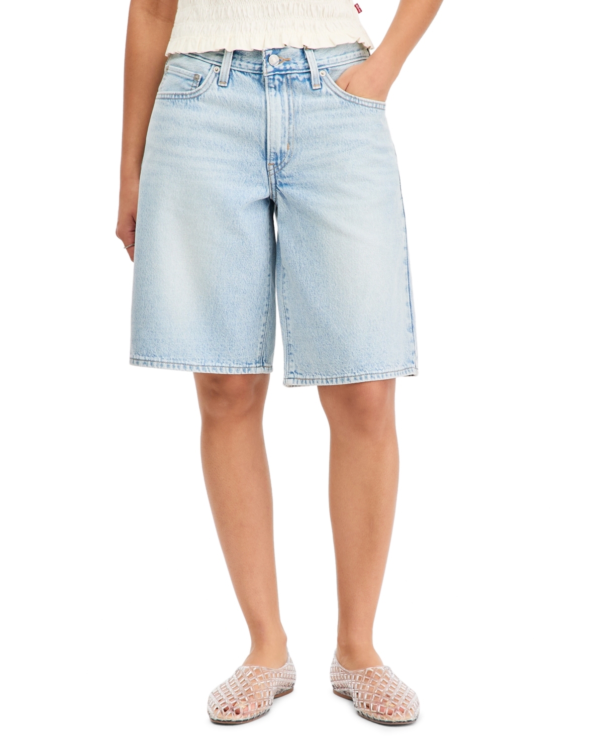 Click here for Levis Womens Mid Rise Baggy Shorts - Abraided Art... prices